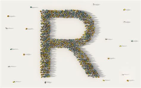 문자 R을 형성 하는 사람들의 큰 그룹 소셜 미디어에서 자본 영어 알파벳 텍스트 문자 및 흰색 바탕에 커뮤니티 개념 위의 군중 그림의 3d 기호 기호 0명에 대한 스톡 사진