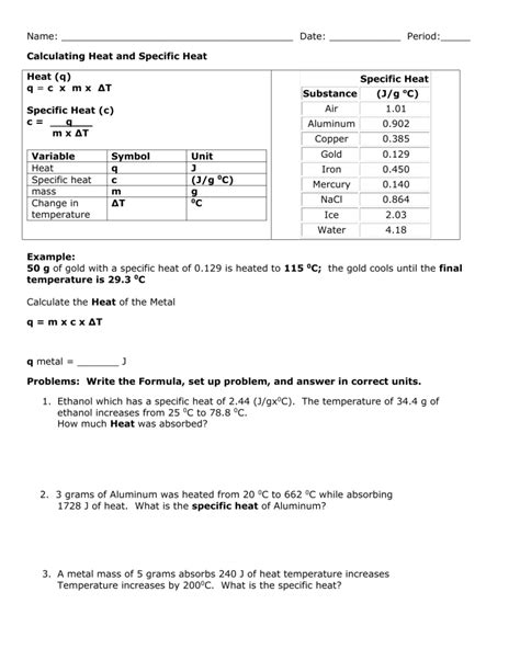 Heat And Specific Heat Worksheet