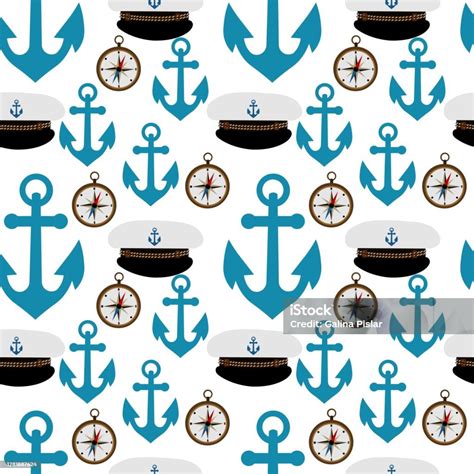 나침반 앵커 및 흰색 배경에 피크 캡 귀여운 매끄러운 패턴 평평한 스타일의 해양 아이템 장식 및 디자인 직물 벽지 포장지 갈매기에 대한 스톡 벡터 아트 및 기타 이미지
