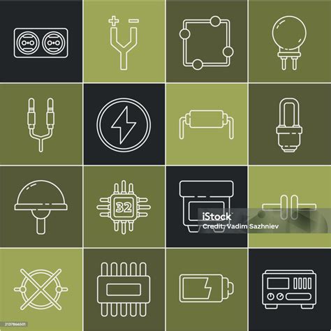 전기 측정기 회로 구성표 Led 전구 번개 볼트 오디오 잭 콘센트 및 저항기 전기 아이콘을 설정합니다 벡터 0명에 대한 스톡 벡터 아트 및 기타 이미지 Istock