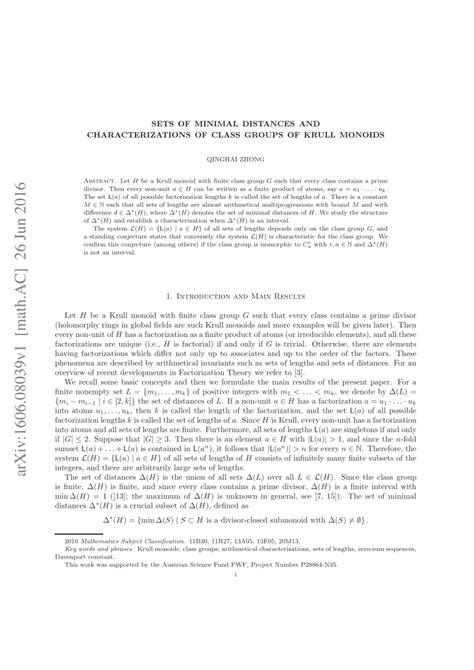 Pdf Sets Of Minimal Distances And Characterizations Of Class Groups Of Krull Monoids