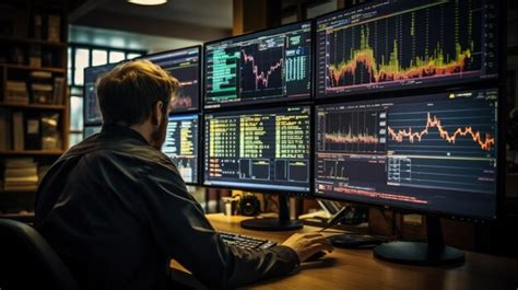 Premium Ai Image Trader Monitoring Stock Market Trends On Multiple Screens With Graphs And