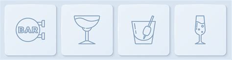 바 칵테일 블러디 메리 와인 잔 샴페인 잔이 있는 라인 스트리트 간판을 설정합니다 흰색 사각형 버튼 벡터 0명에 대한 스톡 벡터 아트 및 기타 이미지 Istock