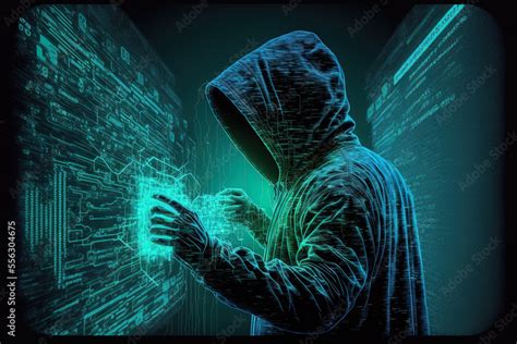Hacking And Malware Design Showing A Hooded Hacker Attacking Sensitive Data By Pressing A Button