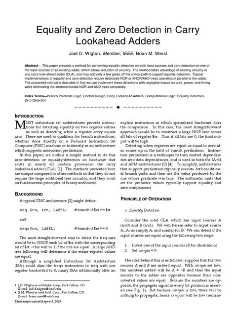 Equality And Zero Detection In Carry Lookahead Adders Pdf