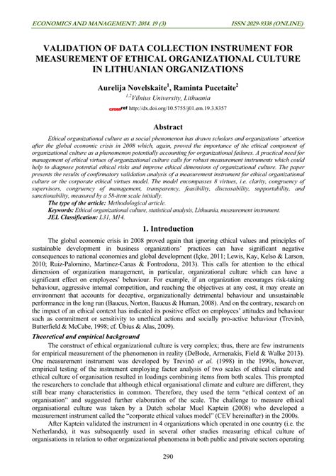 Pdf Validation Of Data Collection Instrument For Measurement Of Ethical Organizational Culture