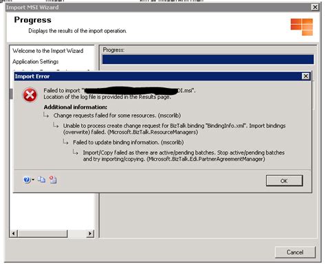 biztalk 2009 import copy failed as there are active pending batches