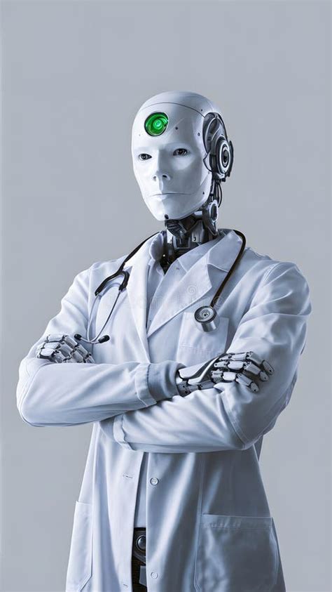 Advanced Humanoid Robot In Lab Coat And Stethoscope Green Sensor Head