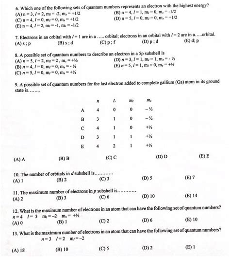 solved 6 which one of the following sets of quantum numbers