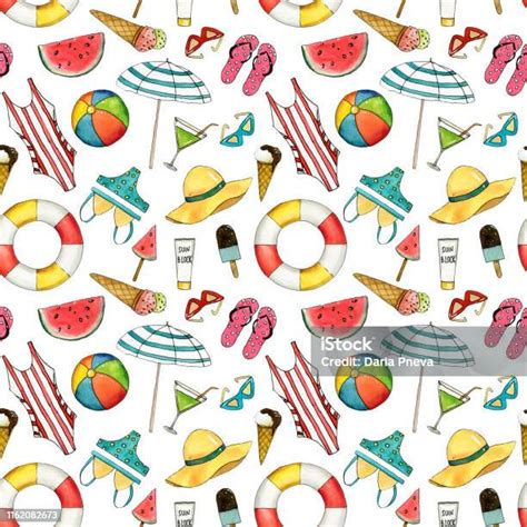 우산 모자 수영복 코테일 아이스크림 공 구명 부표 선글라스와 원활한 패턴 0명에 대한 스톡 벡터 아트 및 기타 이미지 0명 과일 관광 Istock
