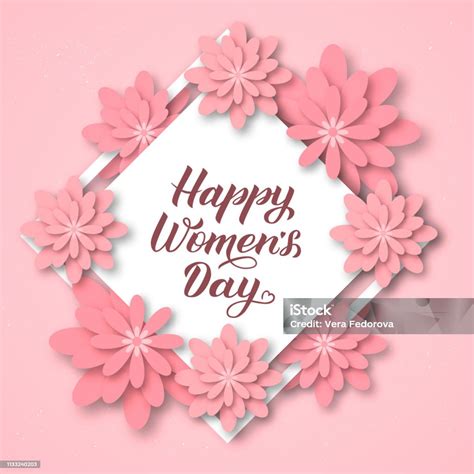 분홍색 종이 접기 꽃으로 행복 한 여자의 날 서 예 레터링 종이 컷 스타일 벡터 일러스트입니다 국제 여성의 날 파티 초대장