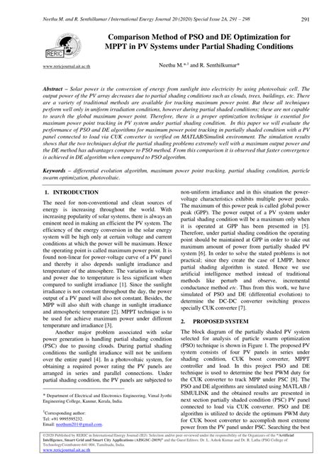 Pdf Comparison Method Of Pso And De Optimization For Mppt In Pv Systems Under Partial Shading