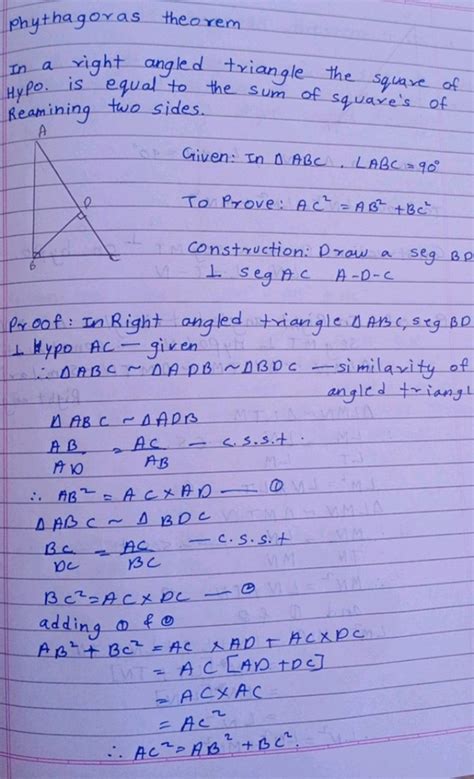 Phythagoras Theorem In A Right Angled Triangle The Square Of Hypo Is Equ