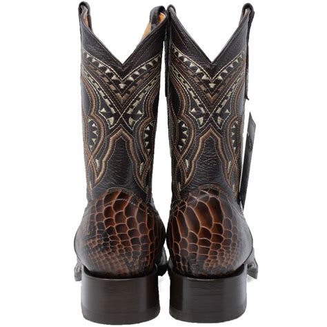 Mens Python Print Leather Square Toe Boots Brown