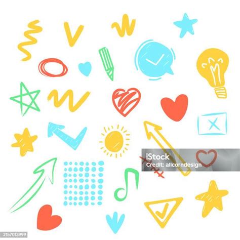 손으로 그린 멀티 컬러 낙서 펑크와 만나고 모양 세트 추상적인 낙서와 구불구불한 낙서 휘갈겨 쓴 글 별 왕관 곱슬 선 하트 0명에 대한 스톡 벡터 아트 및 기타 이미지