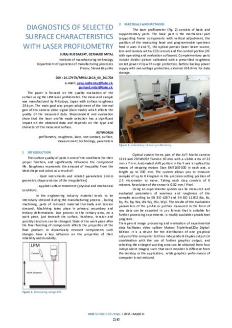 Diagnostics Of Selected Surface Characteristics With Laser Profilometry Mm Science Journal