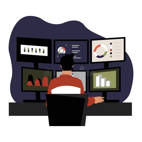 Man Monitoring Multiple Data Screens In Flat Vector Illustration