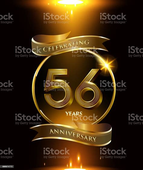 56 년 기념일 로고 황금 반지와 컬러 리본 파티 인사말 카드 및 초대장 카드를 위한 벡터 디자인 검은 배경에 고립 축 하 로고 템플릿 공휴일에 대한 스톡 벡터 아트 및