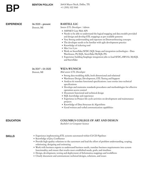 Senior Etl Developer Resume Samples Velvet Jobs