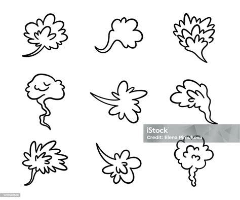 만화 방귀 구름 나쁜 악취 풍선 폭발 화가 호흡 코믹 한 스타일의 연기 가스구름 재미있는 자만심 기호 흰색 배경에 격리된 벡터 그림 집합 개체 그룹에 대한 스톡 벡터 아트