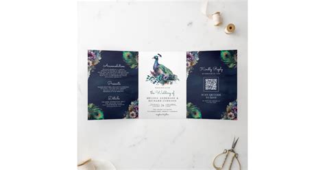Peacock Floral Feather Qr Code Navy Blue Wedding Tri Fold Invitation
