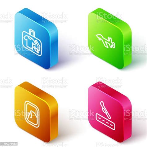 아이소메트릭 라인 여행 가방 Uav 드론 비행기 창 및 비행기 착륙 아이콘을 설정합니다 벡터 3차원 형태에 대한 스톡 벡터 아트 및 기타 이미지 Istock