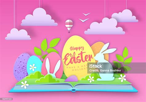 부활절 달걀과 토끼와 동화 책을 엽니 다 종이 아트 스타일 디자인을 잘라냅니다 벡터 일러스트레이션 계절에 대한 스톡 벡터 아트 및 기타 이미지 Istock