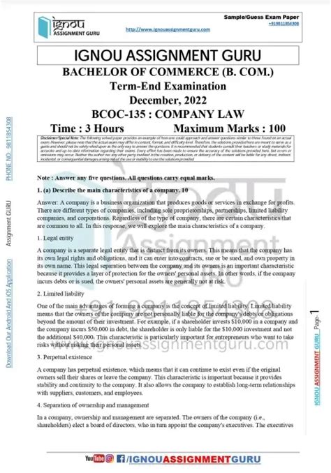 Bcoc 135 Company Law In English Solved Question Paper December 2022 Free Solved Assignment