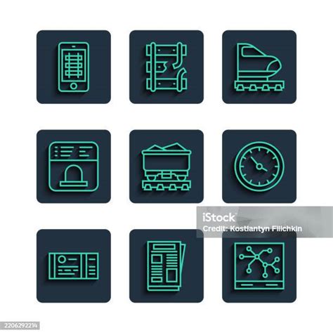 라인 기차표 뉴스 철도지도 고속 열차 석탄 마차 티켓 구매를위한 매표소 온라인 구매 및 역 시계 아이콘을 설정합니다 벡터 계획에 대한 스톡 벡터 아트 및 기타 이미지