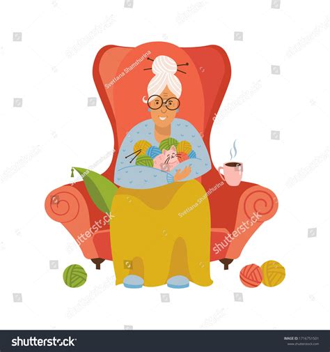 Knitting Old Female Sitting Cozy Armchair Stock Vector Royalty Free