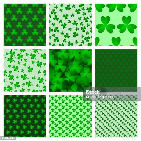 녹색 클로버는 매끄러운 패턴을 설정합니다 추상적인 기하학적 배경 원활한 벡터 패턴 컬렉션입니다 벡터 그림 낮에 대한 스톡 벡터 아트 및 기타 이미지 Istock