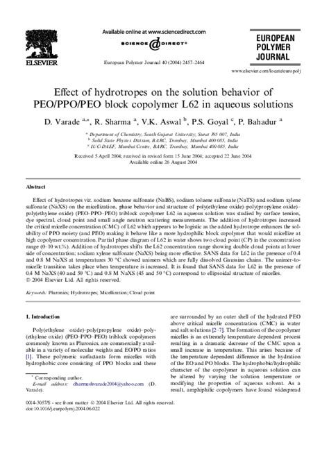 Pdf Effect Of Hydrotropes On The Solution Behavior Of Peoppopeo