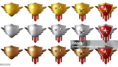 3d 골드 실버 브론즈 방패 세트 현실적인 금속 트로피 중세 수상 키트 레벨 업 게임 배지 0명에 대한 스톡 사진 및 기타 이미지 Istock