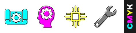 그래프 용지와 기어 내부에 기어가있는 인간의 머리 마이크로 회로 Cpu 및 렌치 스패너 아이콘이있는 프로세서를 설정합니다 벡터