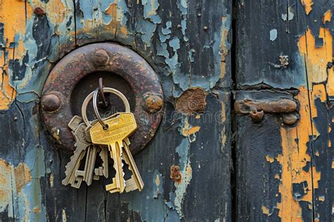 Old Padlock With Keys On The Door Closeup Of Photo Stock Illustration Illustration Of Open