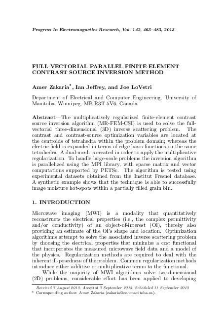 pdf full vectorial parallel finite element contrast source inversion method amer zakaria and