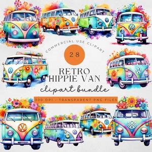 Watercolor Retro Van Clipart 60s 70s Groovy Png Digital Download Etsy