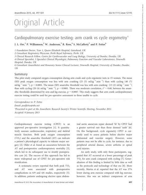 Anaesthesia 2013 Orr Cardiopulmonary Exercise Testing Arm Crank Vs Cycle Ergometry Pdf