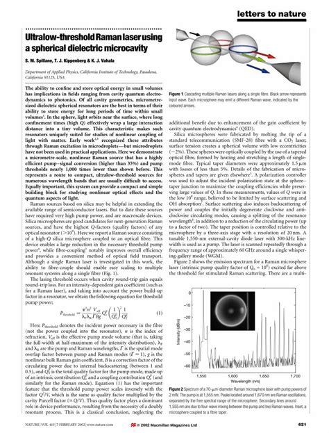 Pdf Ultralow Threshold Raman Laser Using A Spherical Dielectric