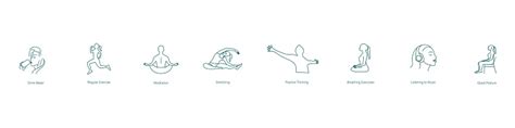물 마시기 규칙적인 운동 명상 스트레칭 긍정적 인 사고 호흡 운동 음악 듣기 좋은 자세 유지 벡터 아이콘 세트 Mental Wellbeing에 대한 스톡 벡터 아트 및 기타
