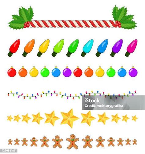 크리스마스 칸막이 컬렉션 벡터 휴일 장식 테두리 설정 사탕 지팡이 홀리 베리 전구 끈 황금 별 진저 브레드 남자 크리스마스 Bauble와 축하 분리 라인 0명에 대한 스톡