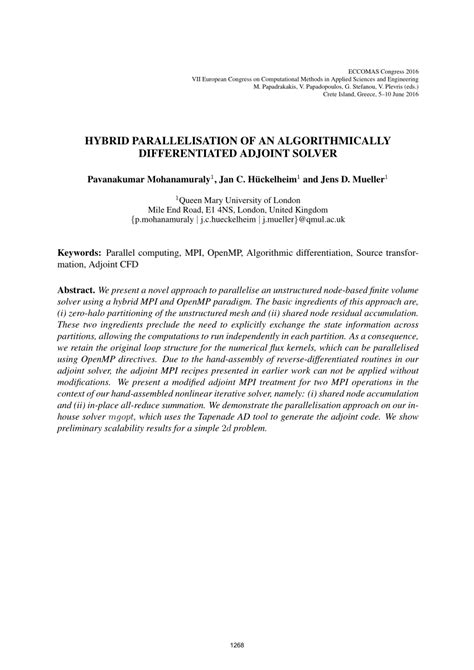 PDF HYBRID PARALLELISATION OF AN ALGORITHMICALLY DIFFERENTIATED ADJOINT SOLVER