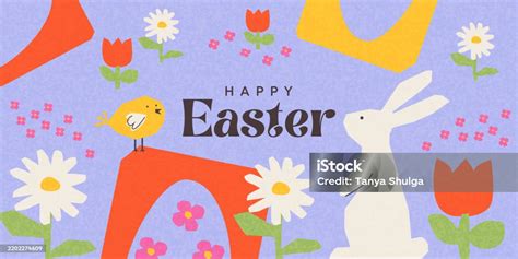 행복한 부활절 인사말 카드 포스터 휴일 표지 또는 웹 배너 손으로 그린 꽃 추상적인 모양 달걀 부활절 토끼 병아리가 있는 트렌디한 부활절 디자인 광고 인쇄를 위한 현대 예술