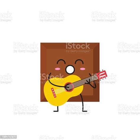 초콜릿 조각은 기타를 연주 귀여운 캐릭터 만화 달콤한 음식 맛있는 디저트 미소 얼굴 행복 기쁨 감정 벡터 일러스트를 재생합니다