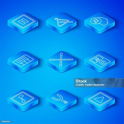 라인 설정 음표 음색 드럼 스틱 음악 소리굽쇠 플레이어 인간의 머리 신디사이저 일시 중지 버튼 및 재생 사각형 아이콘 벡터 3차원 형태에 대한 스톡 벡터 아트 및 기타