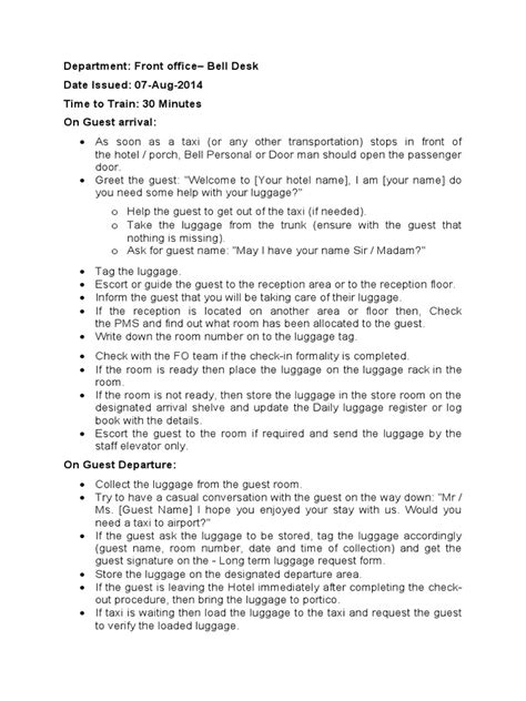 Sop Concierge Bell Desk Guest Luggage Handling Procedure Pdf Baggage