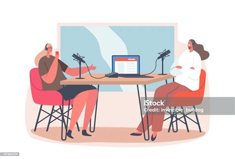 몇 여성 캐릭터는 책상 마시는 커피에 마이크와 노트북스튜디오에 앉아 헤드폰을 착용 말하기 만화에 대한 스톡 벡터 아트 및 기타 이미지 만화 아이 헤드폰 Istock