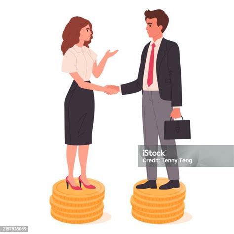 달러 동전 더미에서 악수하는 사람들 사업가 급여 평등 재정 복지 평면 벡터 일러스트 동료 수익 평등 개념 경영자에 대한 스톡