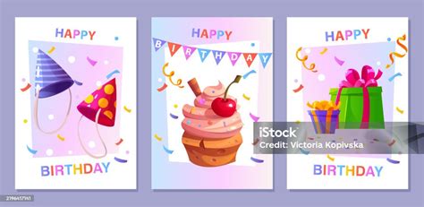 어린이의 귀여운 생일 카드 세트입니다 파티 모자 컵 케이크 선물 상자 어린이 이벤트 축하 전단지 만화 벡터 일러스트 레이 션 0명에 대한 스톡 벡터 아트 및 기타 이미지