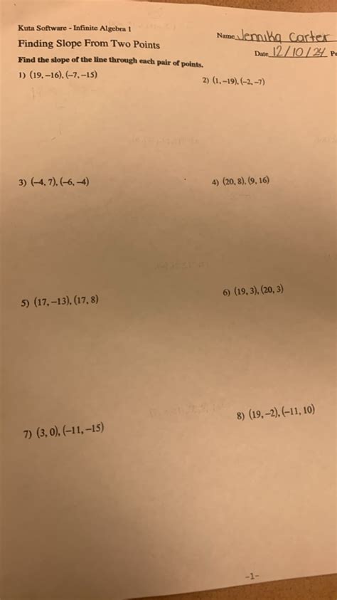 Kuta Software Infinite Algebra 1 Finding Slope From Two Points Find The